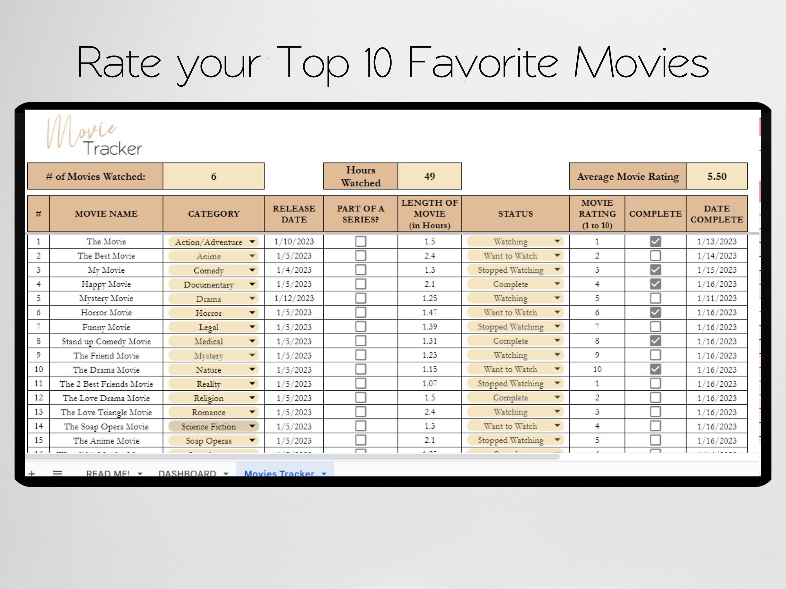 Movie Tracker Excel Spreadsheet, Movies Tracking Google Sheets, Film ...