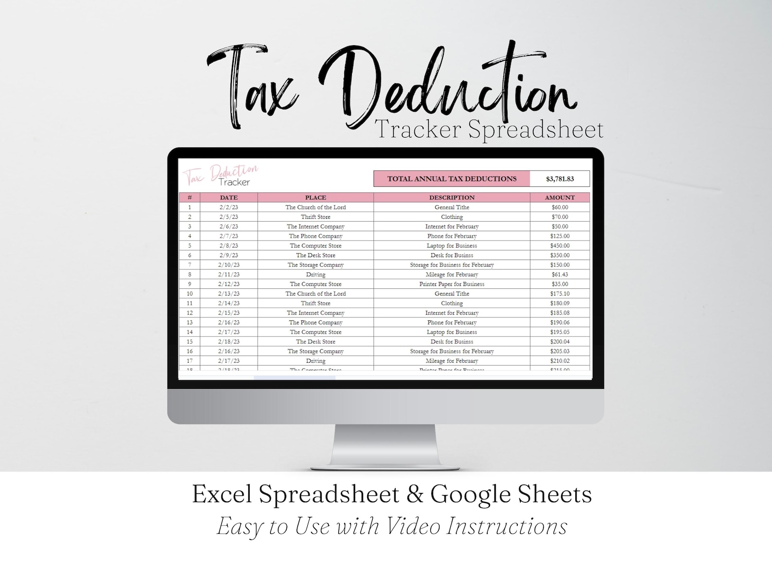 Tax Deduction Tracker Excel Spreadsheet, Editable Tax Deductions List ...