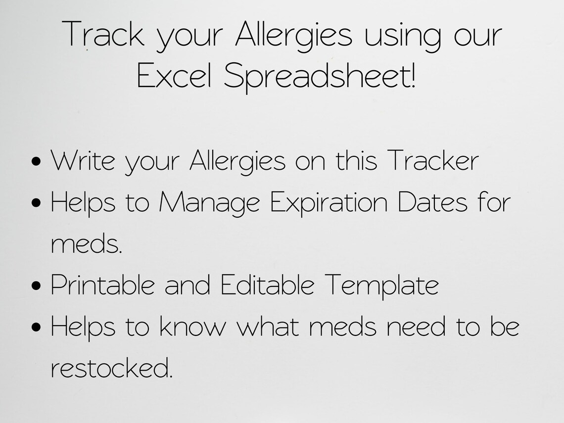 Allergy Tracker Template Excel Spreadsheet Allergy List - Etsy