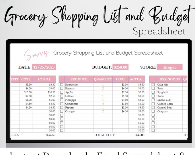 Grocery Shopping Budget List Excel Spreadsheet Template (works W ...