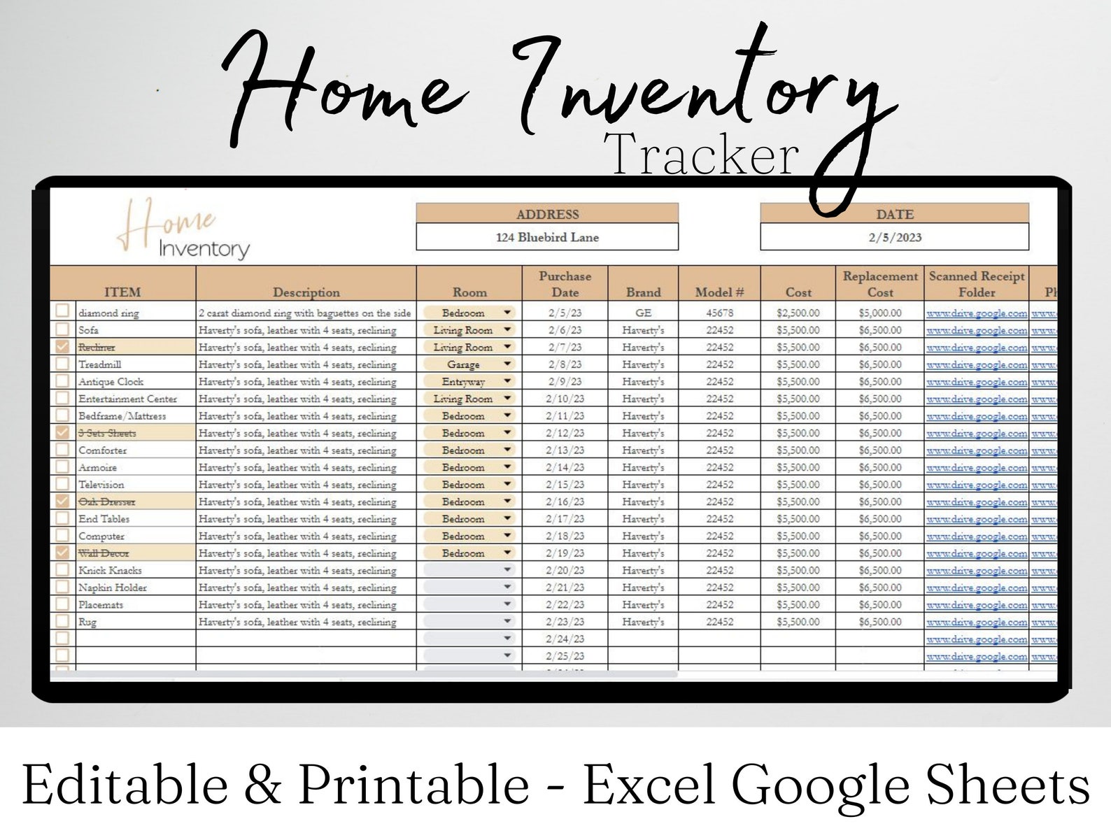 Home Inventory Checklist, Home Inventory Template, Home Inventory ...