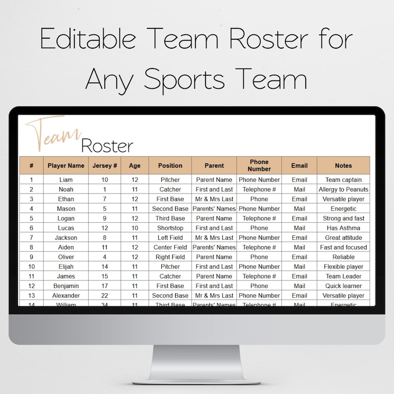 Team Roster Template Google Sheets, Youth Sports Team Template Google ...