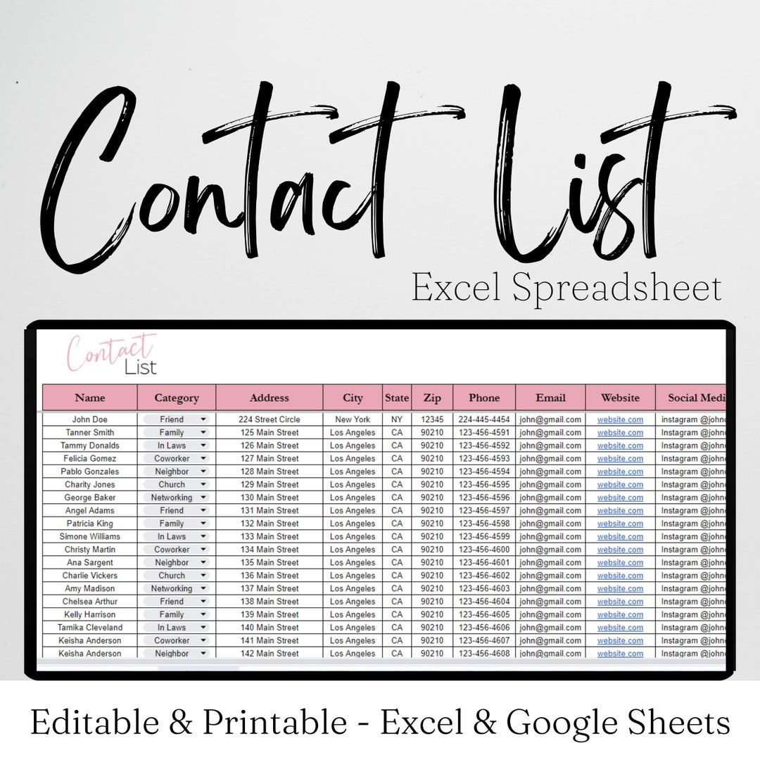 Contact List Template Excel Spreadsheet, Contact List Google Sheet ...