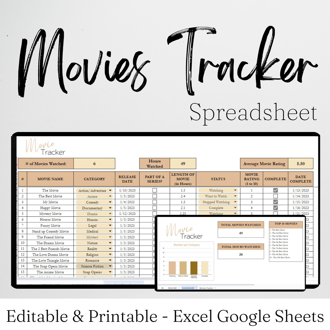 Movie Tracker Excel Spreadsheet, Movies Tracking Google Sheets, Film ...