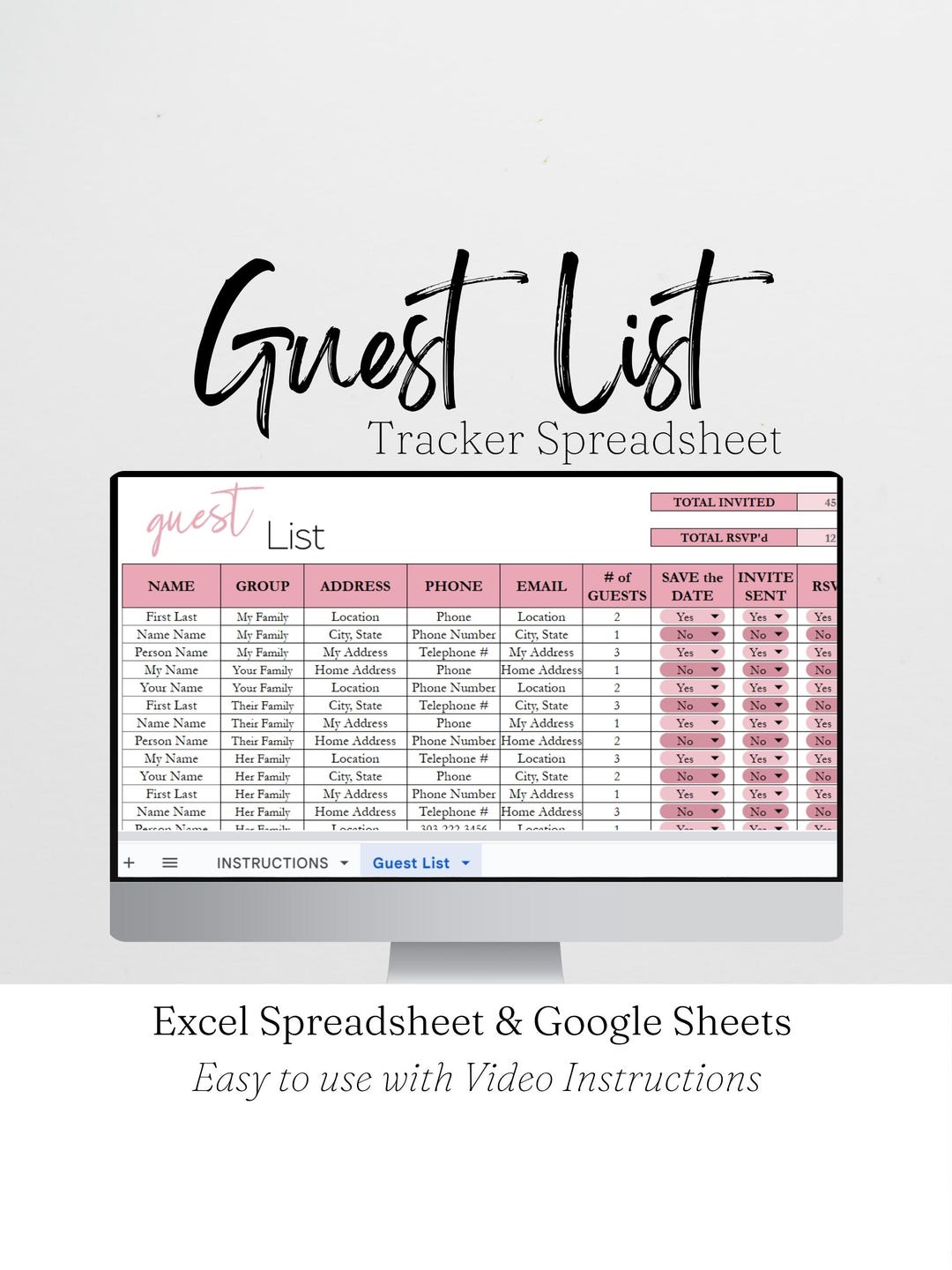Guest List Excel Template, Invite Tracker, RSVP Tracker Google Sheet ...