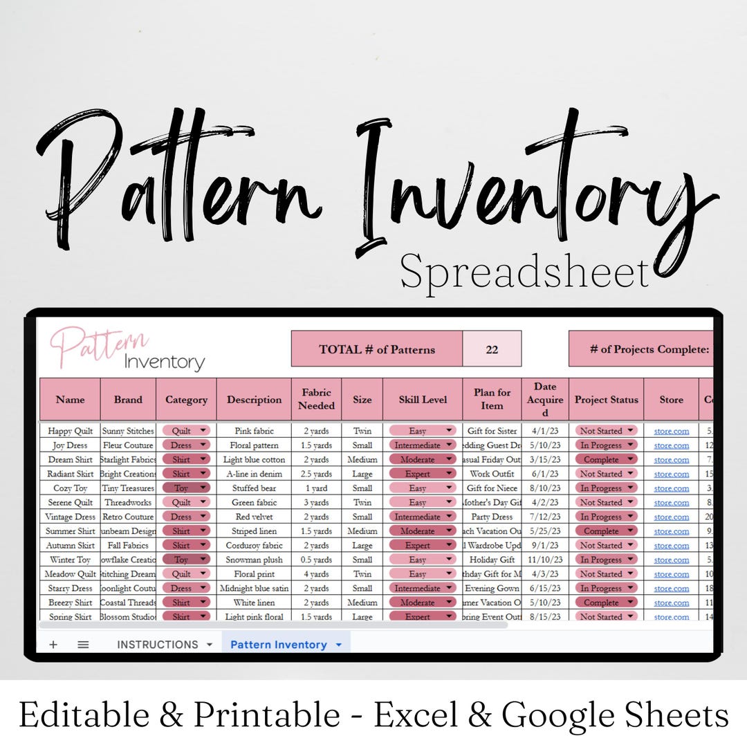 Pattern Inventory Tracker Spreadsheet Template, Pattern Organizer Craft ...