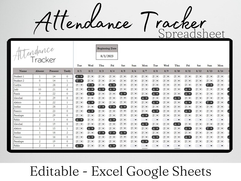 Attendance Tracker Excel Log School Class Template, Attendance Sheet ...