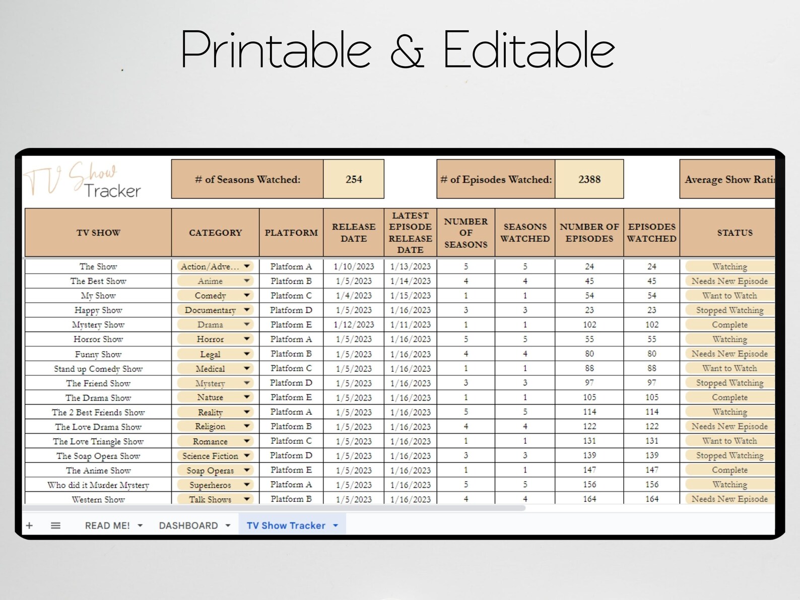 TV Show Tracker Excel Spreadsheet TV Shows Tracking Google - Etsy