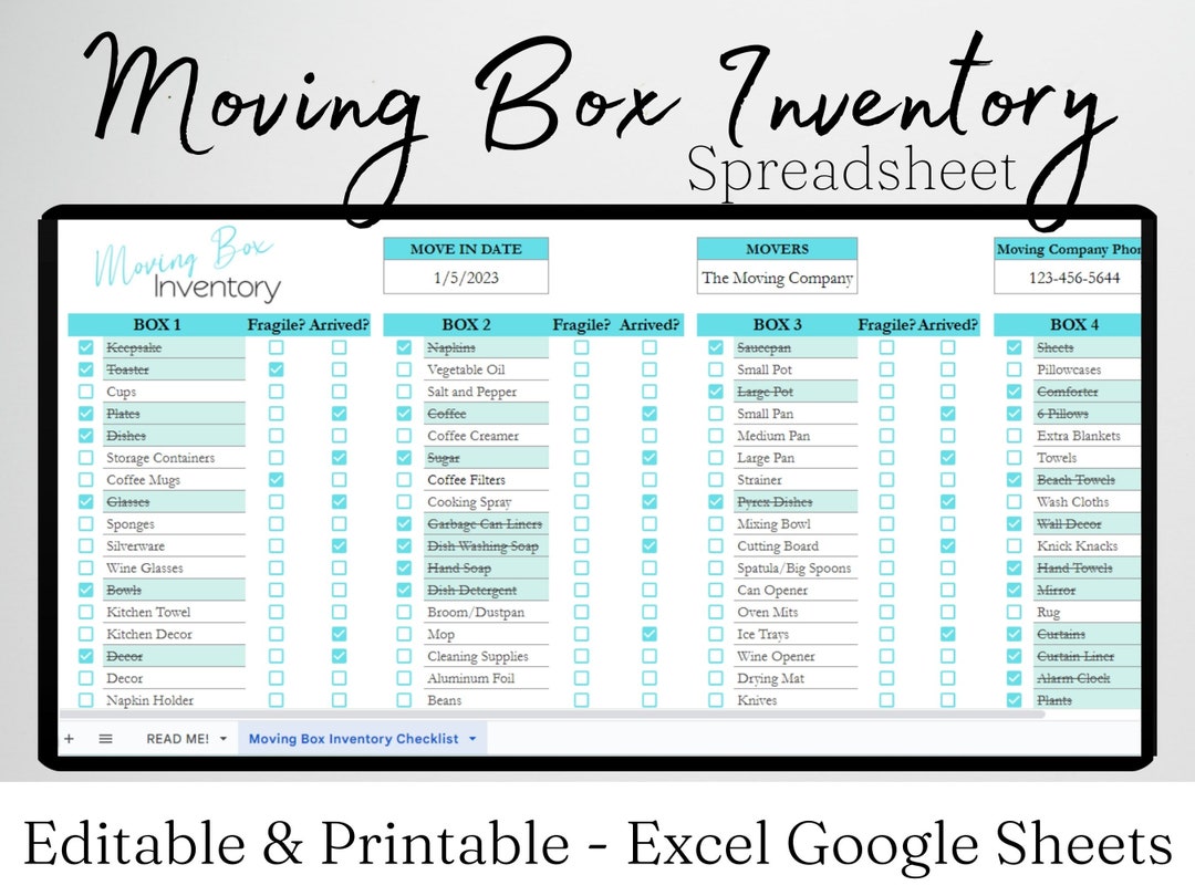 Moving Box Template Google Sheets, Moving Box Contents List, Storage ...