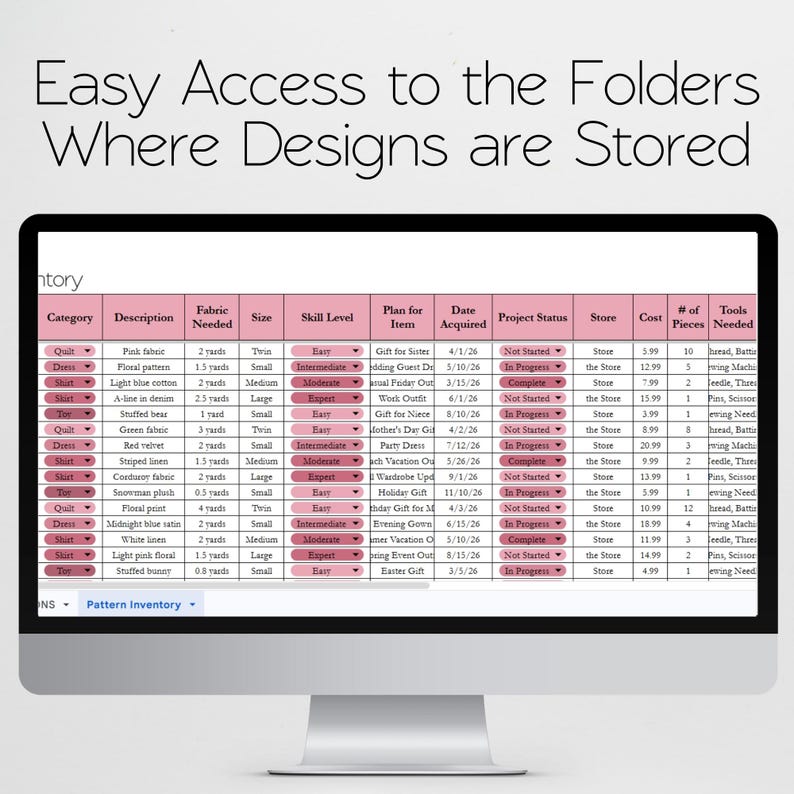 Pattern Inventory Tracker Spreadsheet Template, Pattern Organizer Craft ...