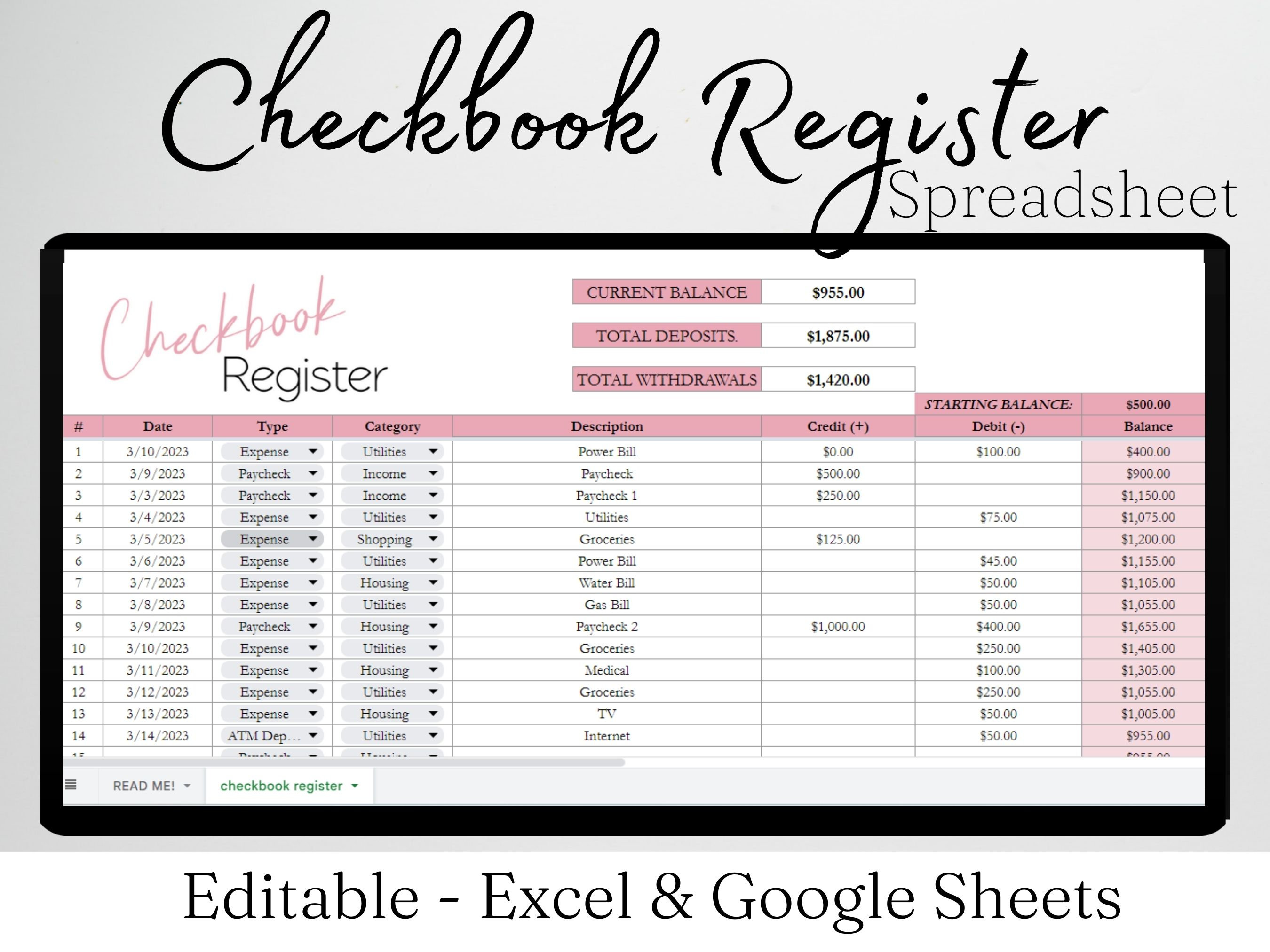 Checkbook Register Excel Spreadsheet, Check Book Register Google Sheets ... Checkbook Register Excel Spreadsheet, Check Book Register Google Sheets ...