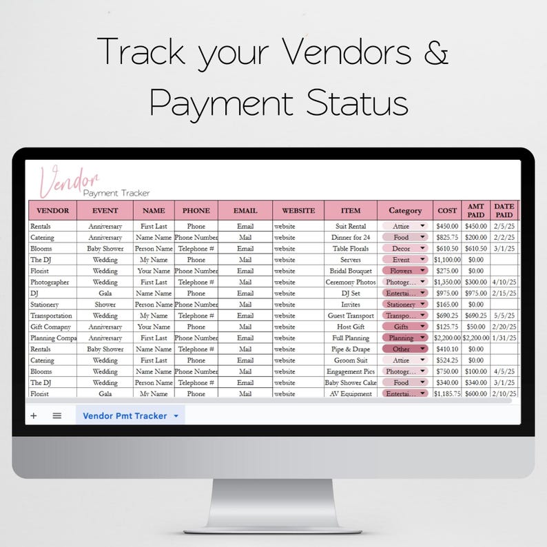 Vendor Payment Tracker Template Google Sheets, Wedding Vendor Payment ...