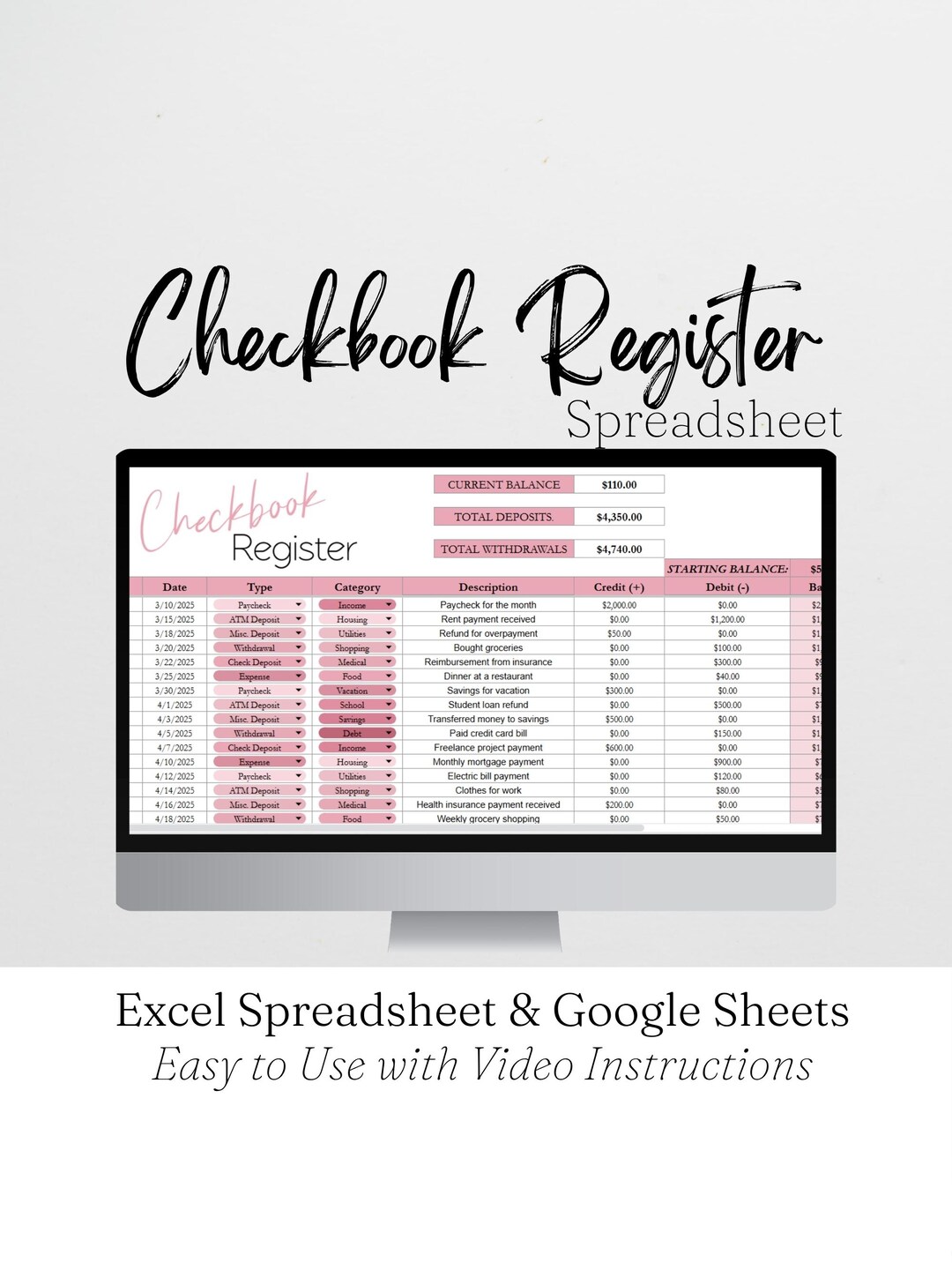 Checkbook Register Excel Spreadsheet, Digital Check Book Google Sheets ...