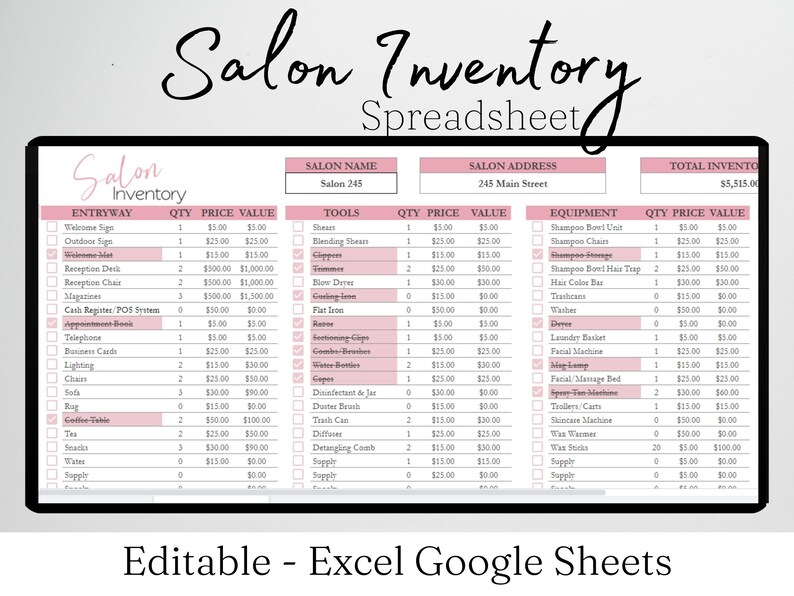 Salon Inventory Template Salon Inventory Tracker Log Beauty - Etsy