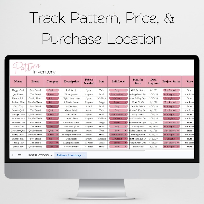 Pattern Inventory Tracker Spreadsheet Template, Pattern Organizer Craft ...