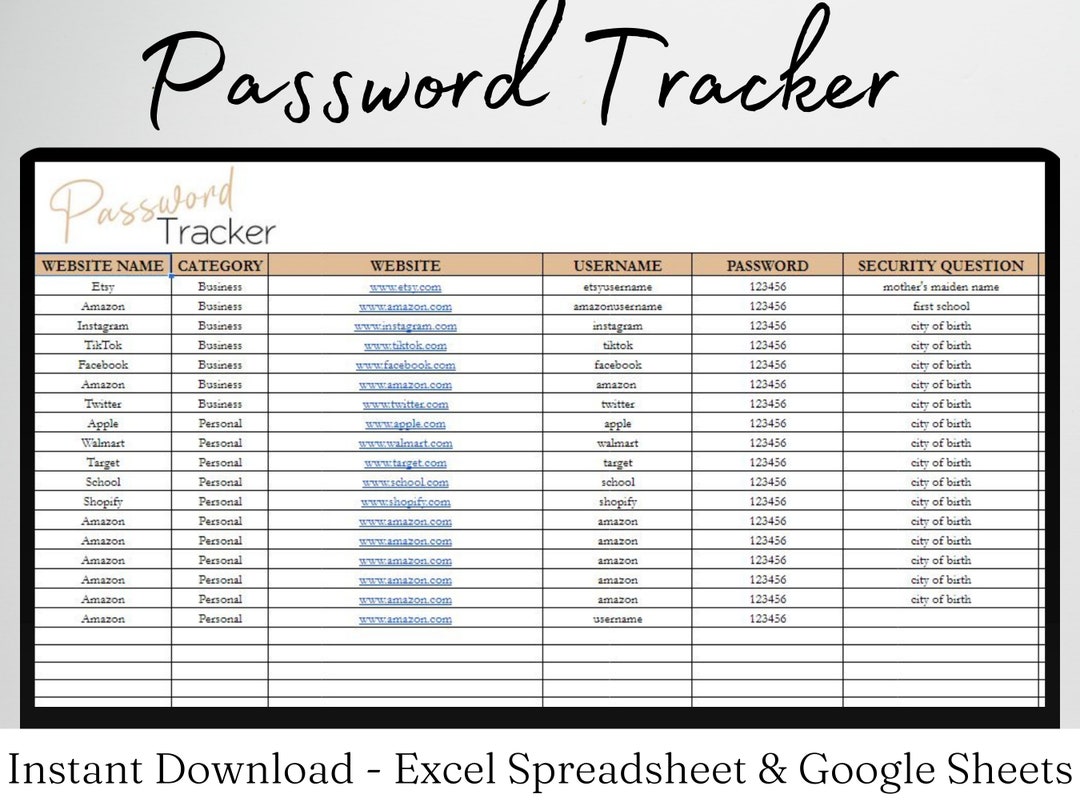 Password Tracker Excel Spreadsheet, Password Template, Password Log ... Password Tracker Excel Spreadsheet, Password Template, Password Log ...