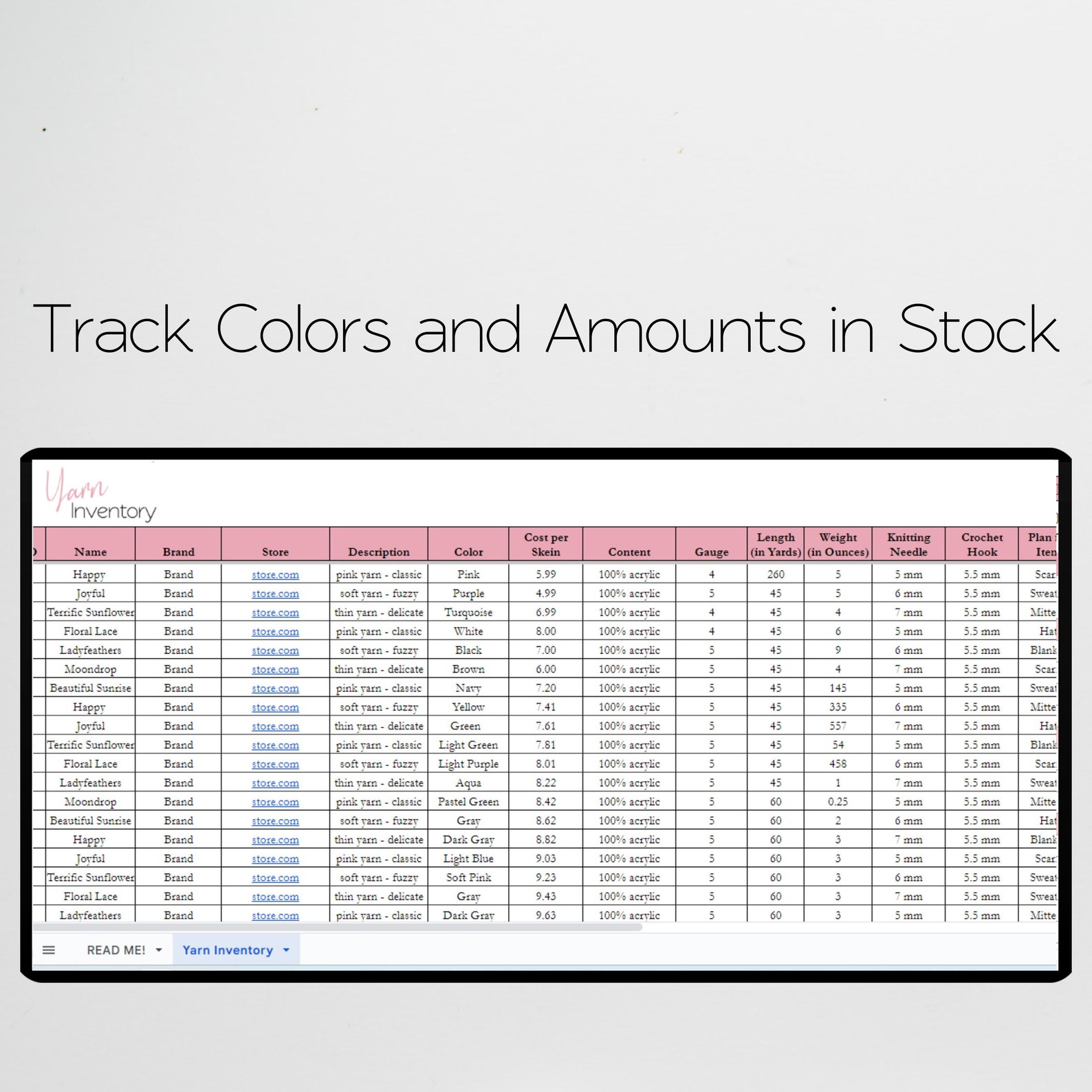 Yarn Inventory Tracker Excel Spreadsheet, Yarn Organizer Worksheet ...