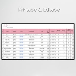 Fabric Inventory Tracker Excel Spreadsheet, Sewing Organizer, Fabric ...