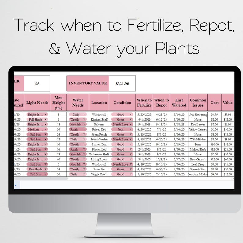 Plant Inventory Tracker Spreadsheet Template, Plant Journal, House ...