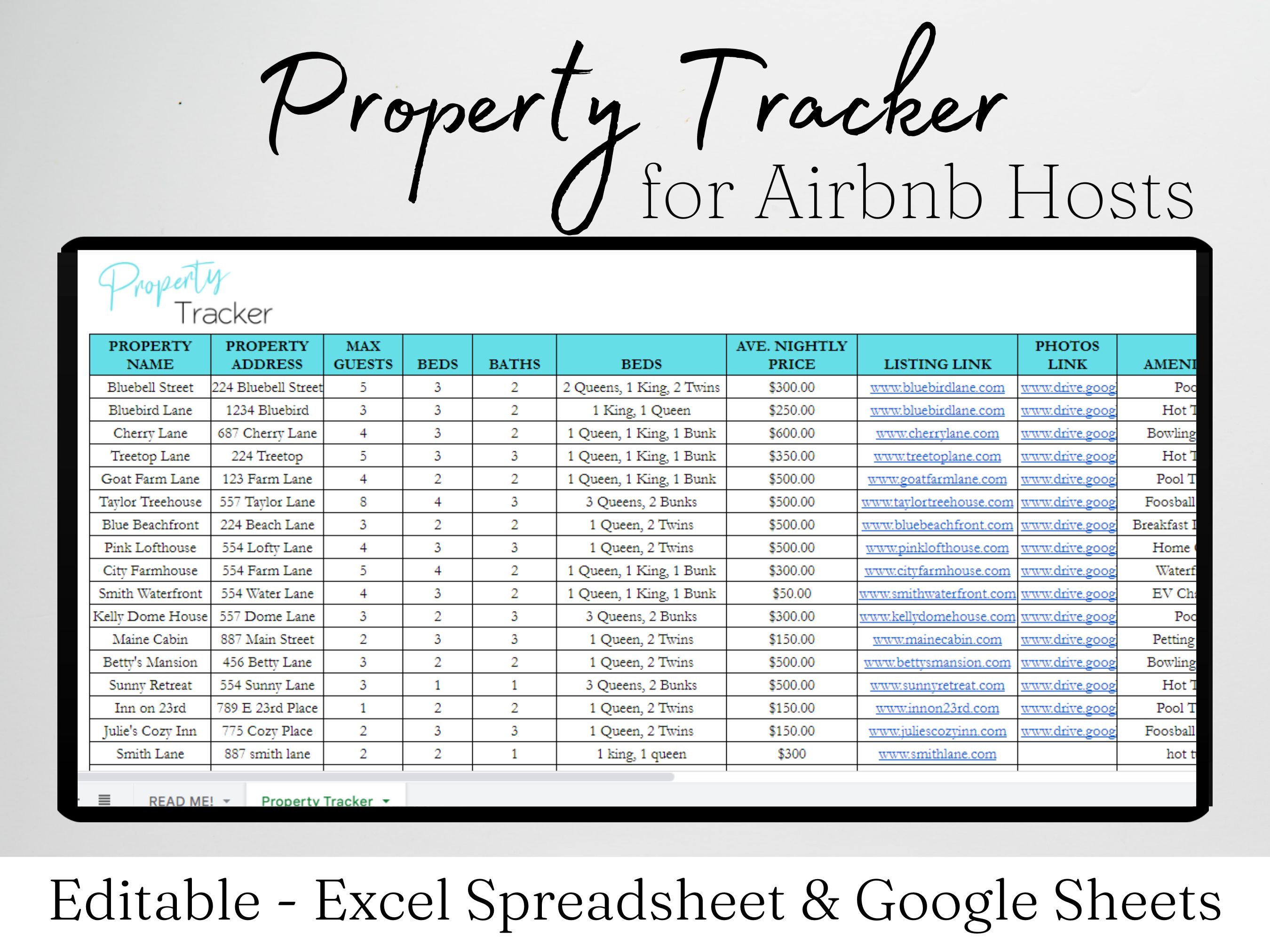 Property List Tracker for Short Term Rental Property Management, Rental ...