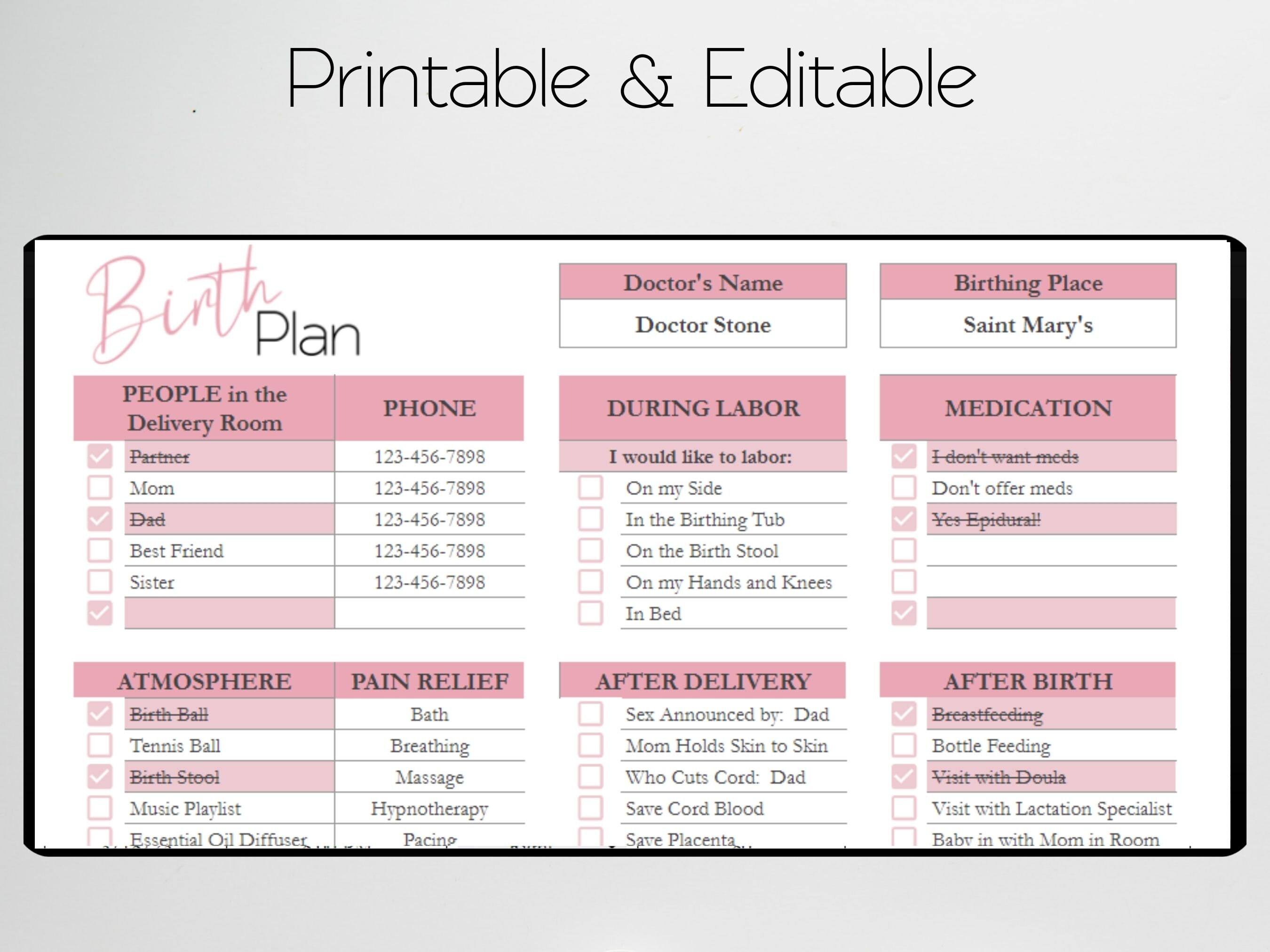 Birth Plan Template Google Sheets, Natural Birthing Plan, Labor and ...