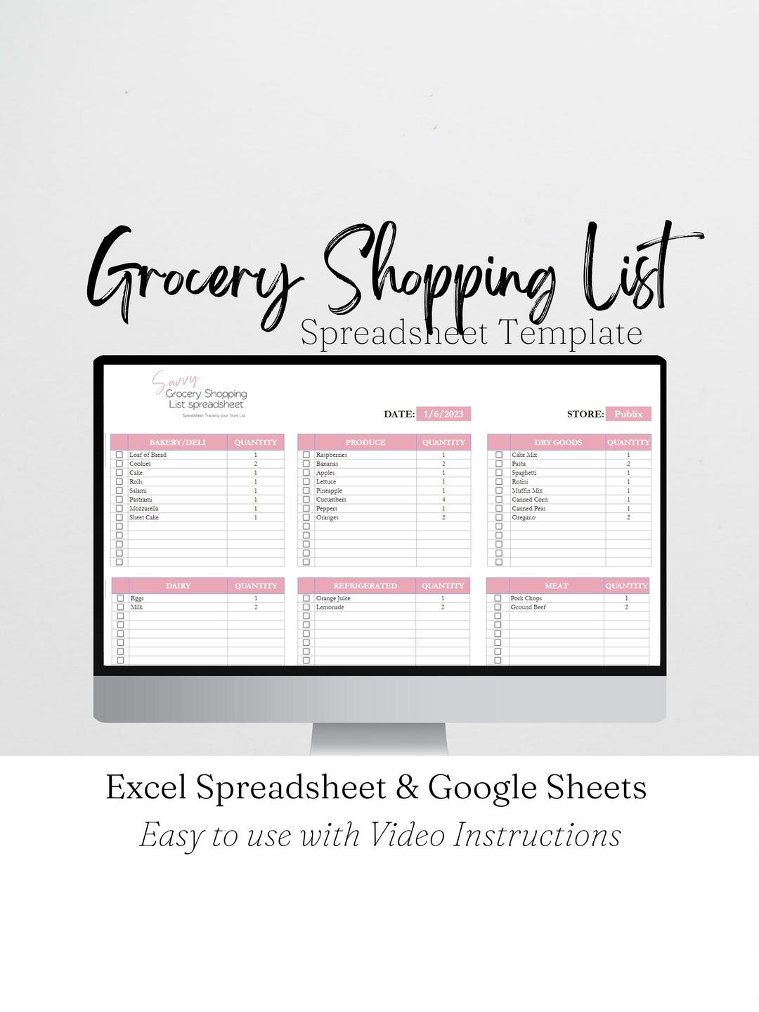 Grocery List Spreadsheet, Grocery Shopping List Template, Grocery ...