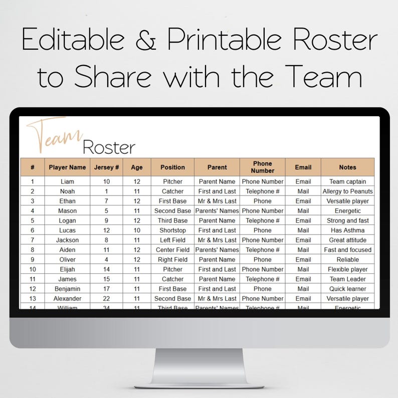 Team Roster Template Google Sheets, Youth Sports Team Template Google ...