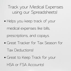 Medical Expense Tracker, Tax Deductions Tracking Sheet, HSA Tracker FSA, Medical Spreadsheet ...