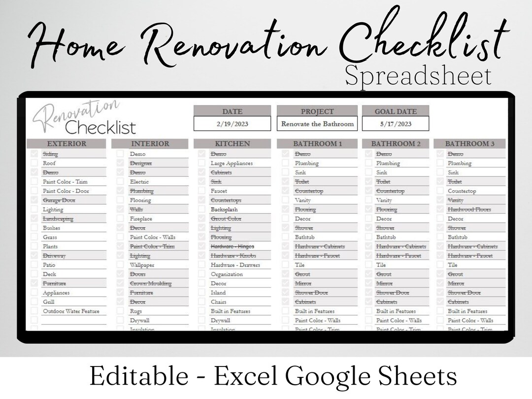 Renovation Checklist Home Renovation Spreadsheet Home - Etsy