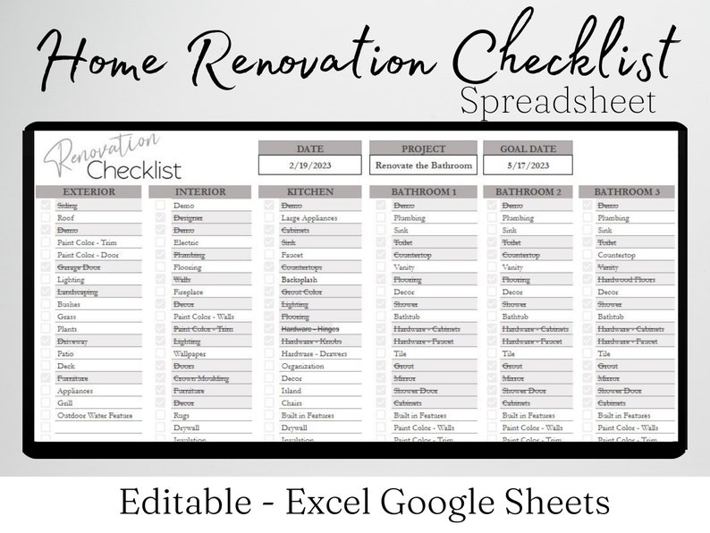 Renovation Checklist, Home Renovation Spreadsheet, Home Remodel ...