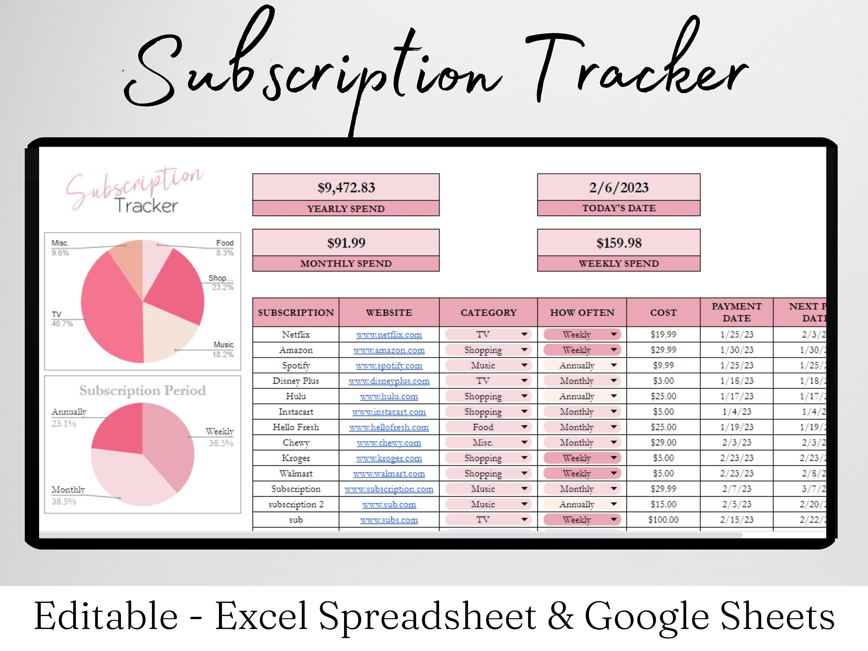 Subscription Tracker Google Sheets, Subscription Tracker Excel ...