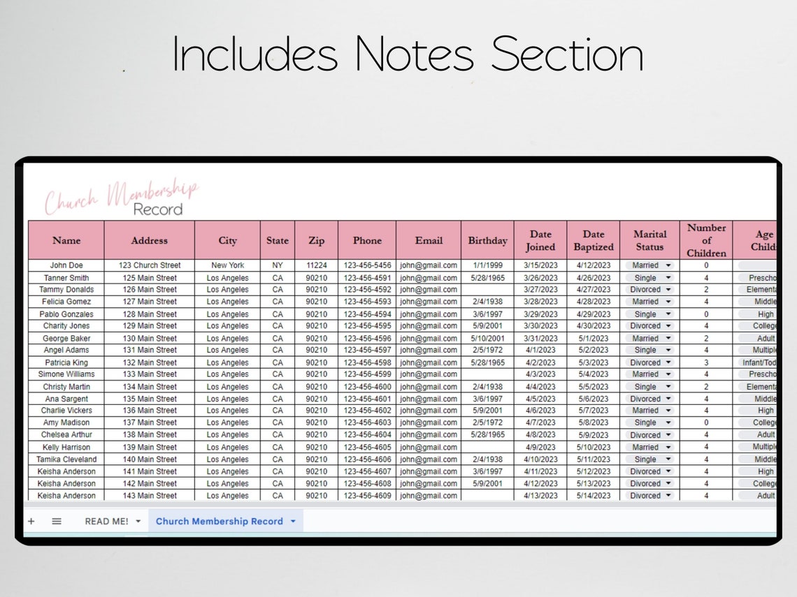 Church Membership Directory Template Excel Spreadsheet Church - Etsy