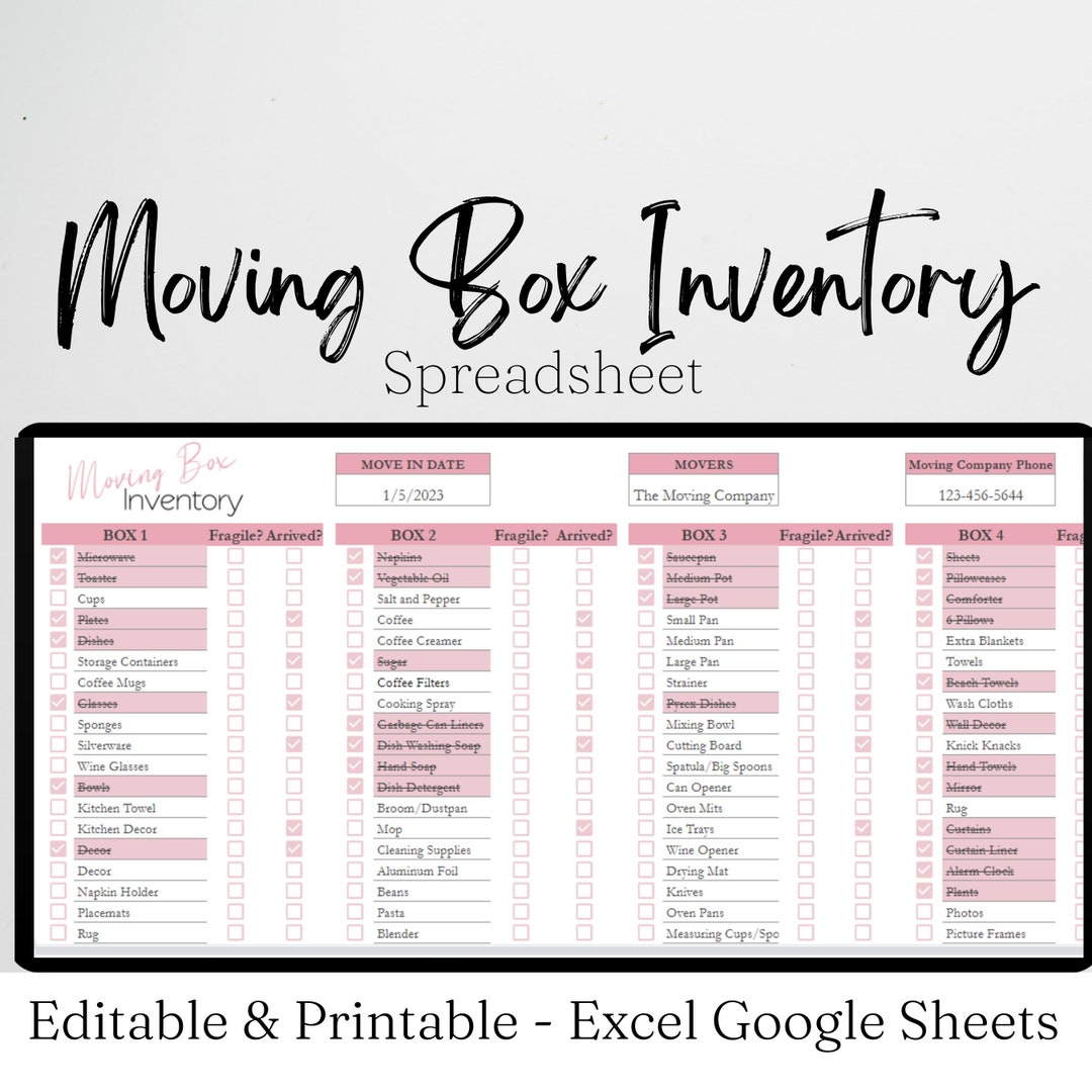 Moving Box Inventory Excel Spreadsheet, Organized Moving, Home ...