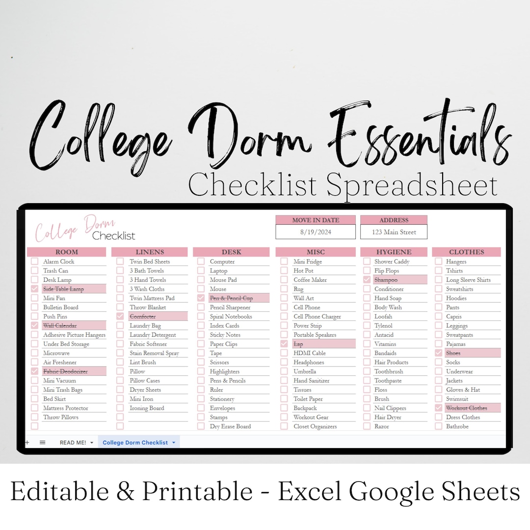 College Dorm Essentials Checklist - Google Sheets & Excel (digital ...