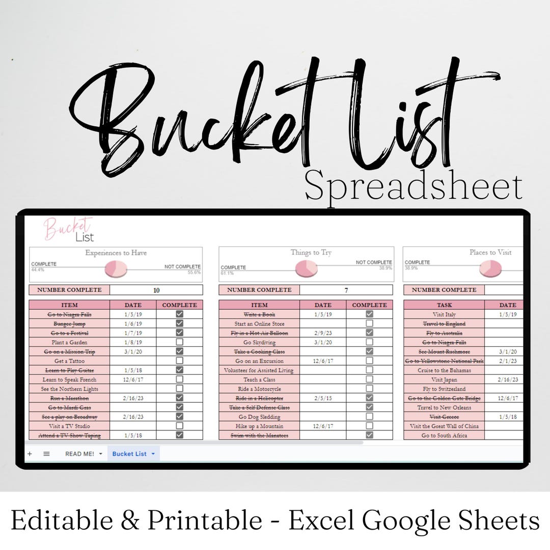 Bucket List Template Excel Spreadsheet, Bucket List Journal, Bucket List Google Sheets Editable ...