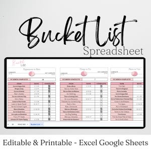 Bucket List Template Excel Spreadsheet, Bucket List Journal, Bucket ...