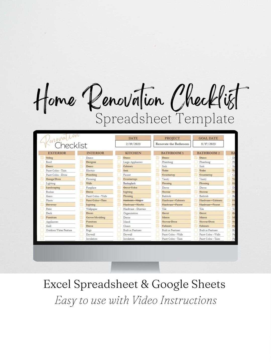 Home Renovation Spreadsheet, Home Remodel Checklist, Kitchen Renovation ...