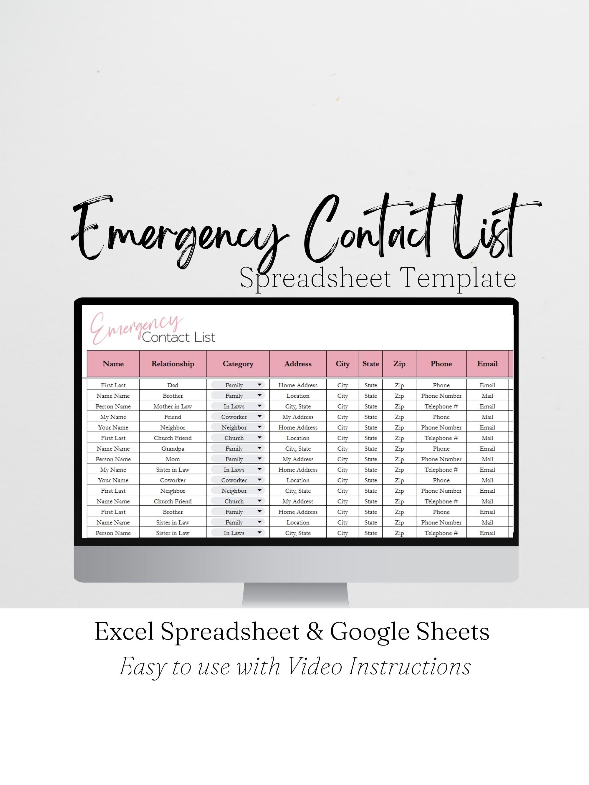 Emergency Contact List Template Excel Spreadsheet, Emergency ...