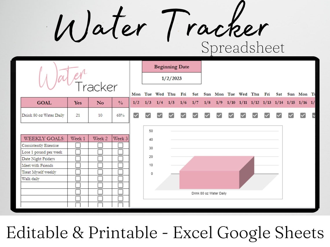 Water Tracker Template Excel Spreadsheet Water Tracking - Etsy