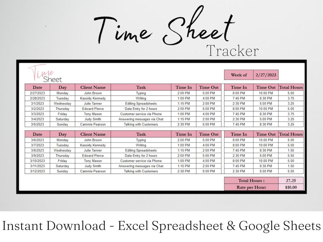 Time Sheet Tracker, Employee Time Tracker, Weekly Time Sheet, Biweekly ...