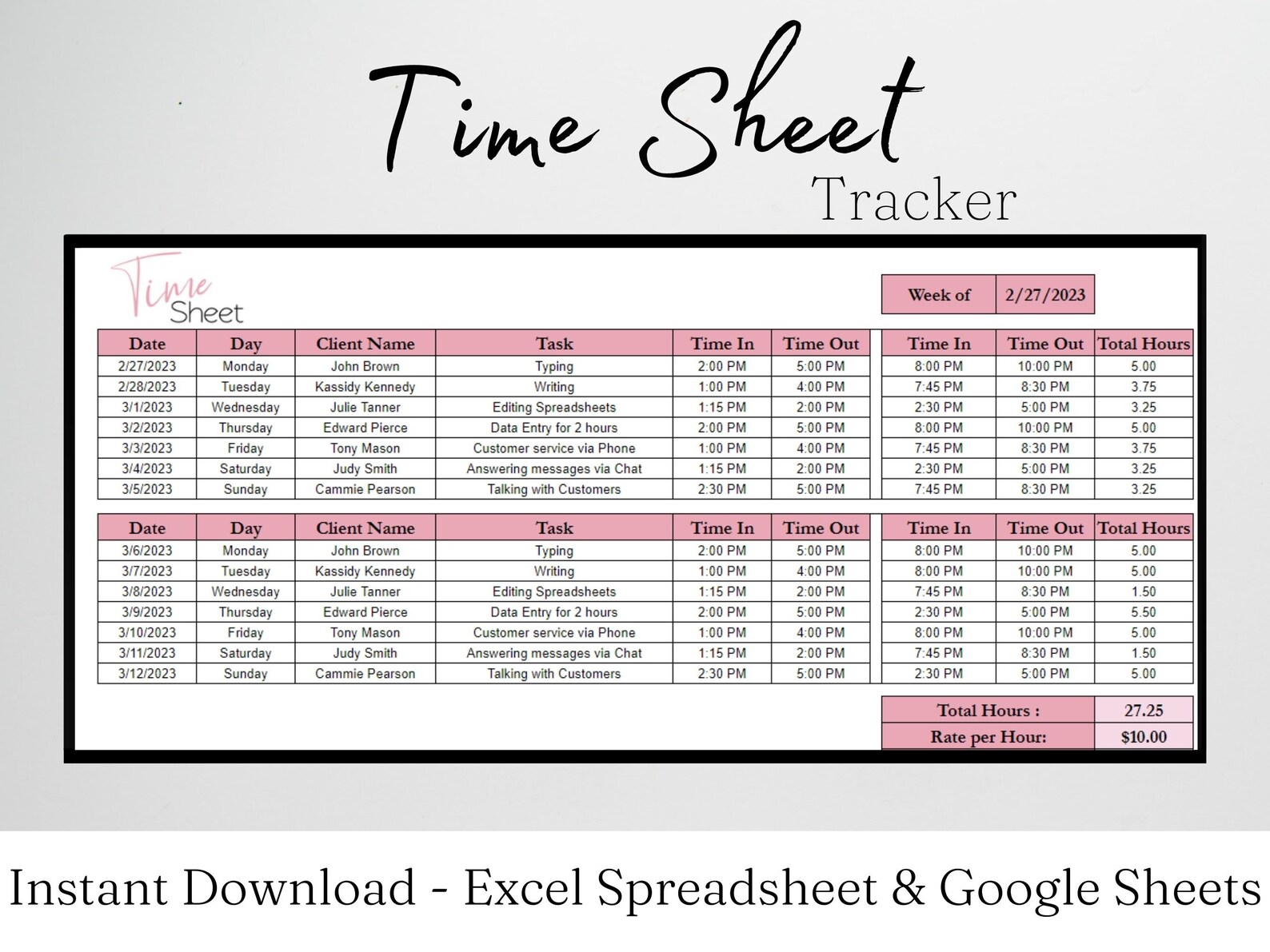 Time Sheet Tracker Employee Time Tracker Weekly Time Sheet - Etsy