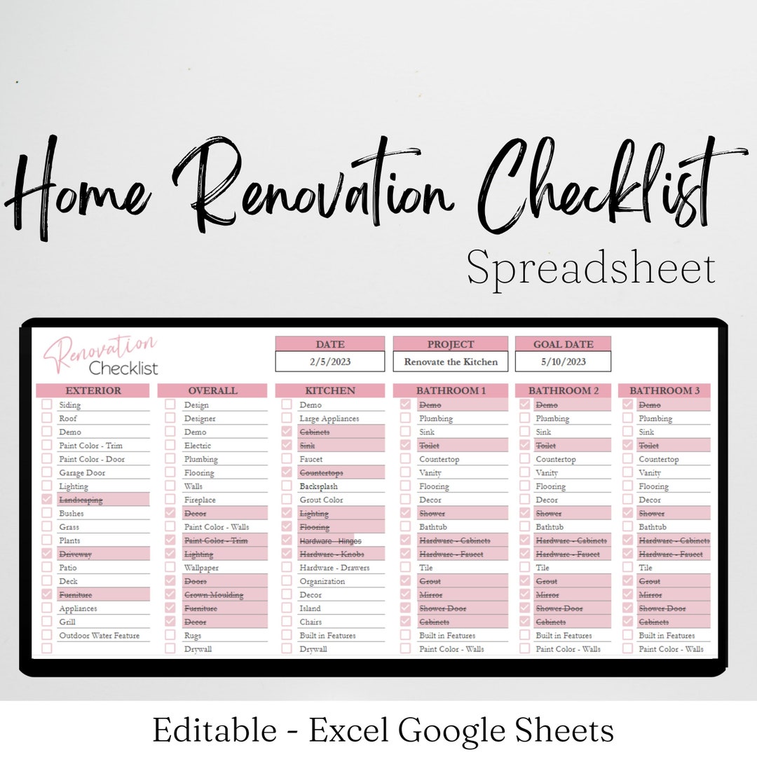 Home Renovation Checklist, Home Renovation Spreadsheet, Remodel ...