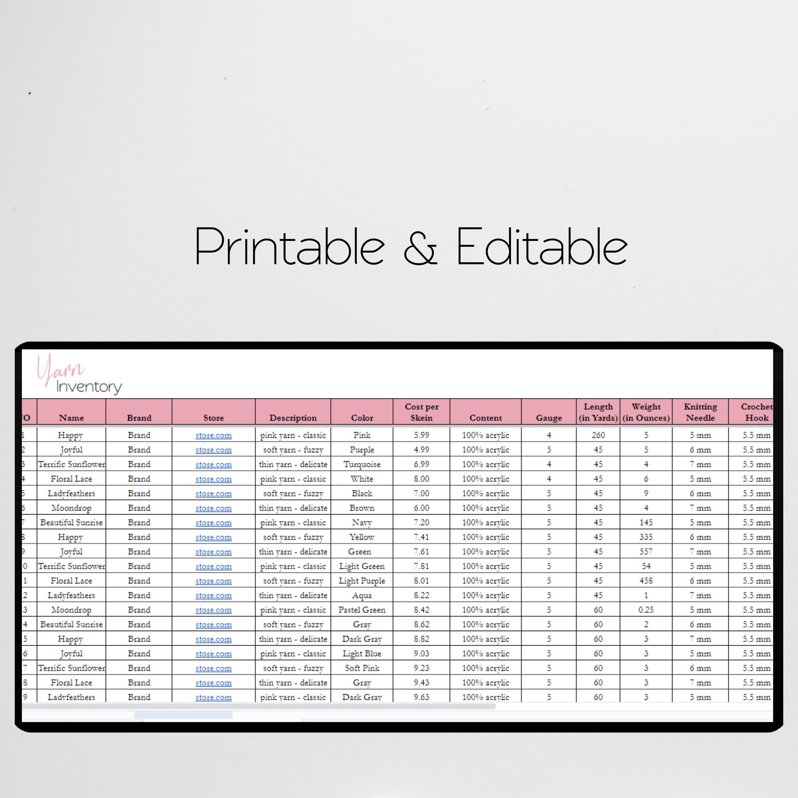 Yarn Inventory Tracker Excel Spreadsheet, Yarn Organizer Worksheet ...