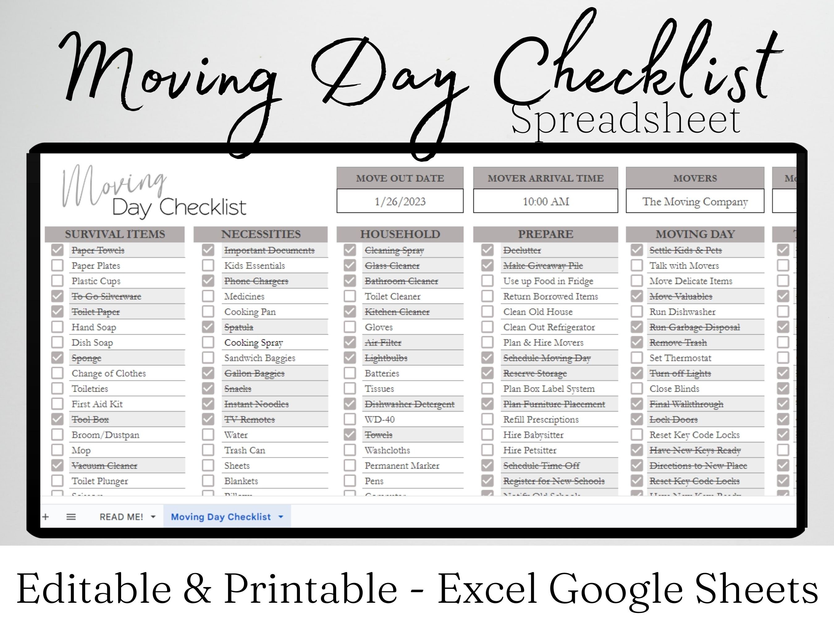 Moving Day Survival Checklist Google Sheets, Moving Day Planner, Moving ...