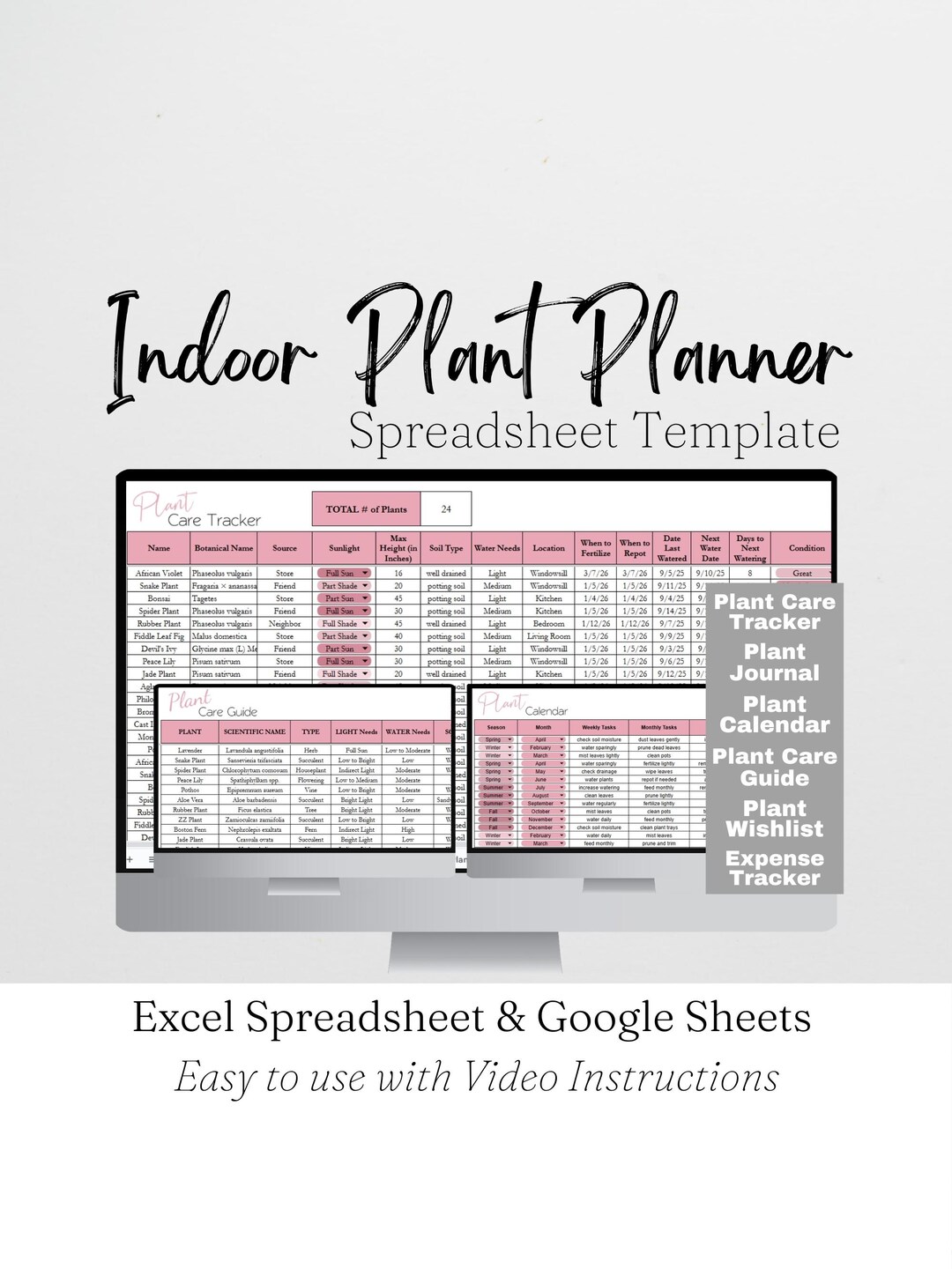 House Plant Planner, Indoor Plants Excel Spreadsheet, Houseplants Care ...