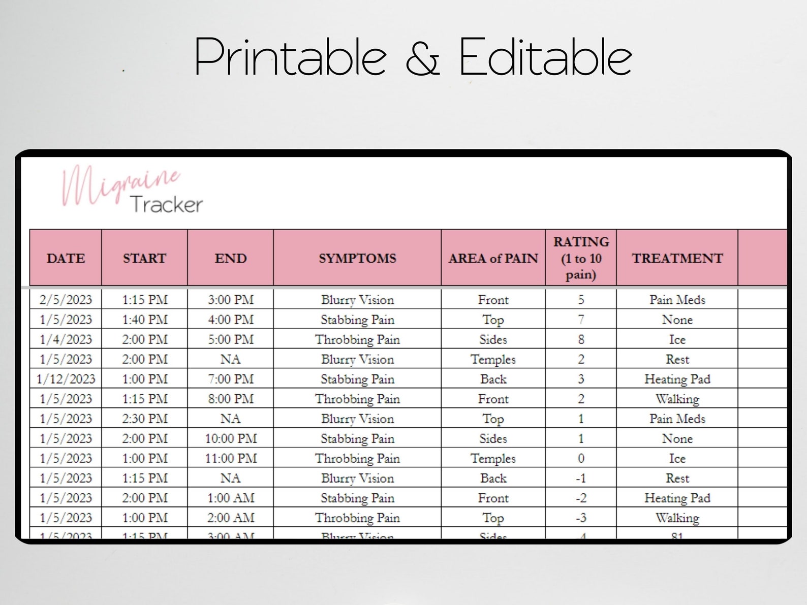Migraine Tracker Excel Spreadsheet, Chronic Migraine Log Template ...