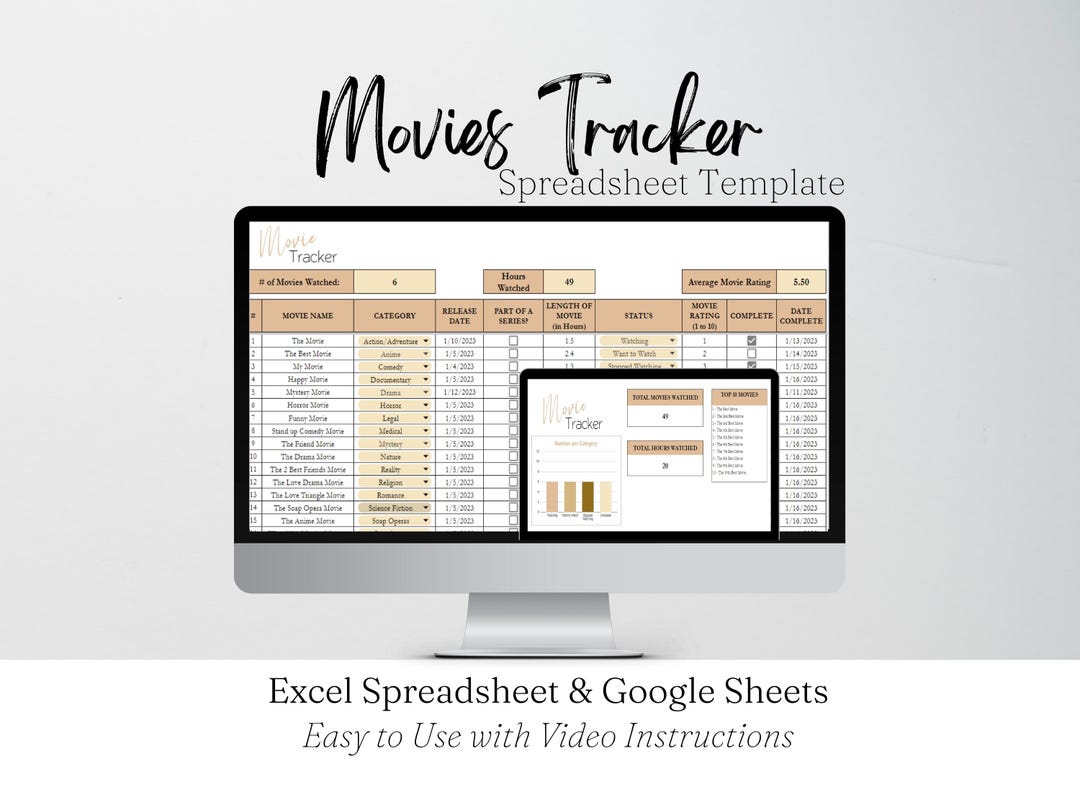 Movie Tracker Excel Spreadsheet, Movies Tracking Google Sheets, Film ...