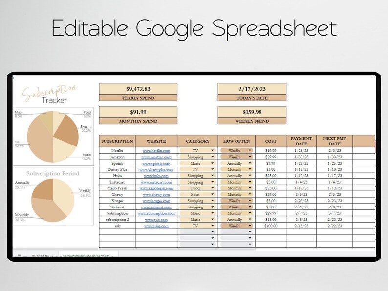 Monthly Subscription Tracker Google Sheets, Monthly Subscription ...