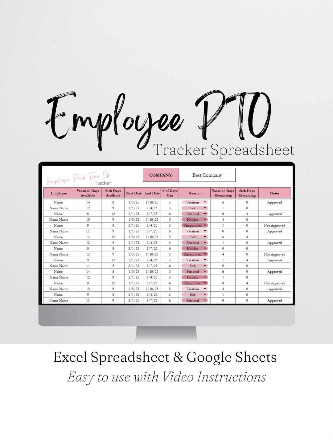 Employee PTO Tracker Template, Vacation Tracker, Leave Tracker, Time ...