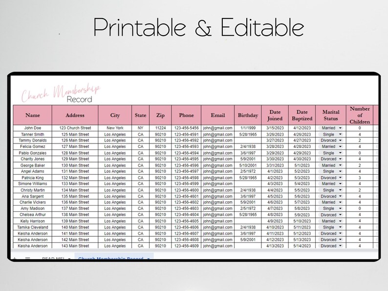 Church Membership Directory Template Excel Spreadsheet, Church ...